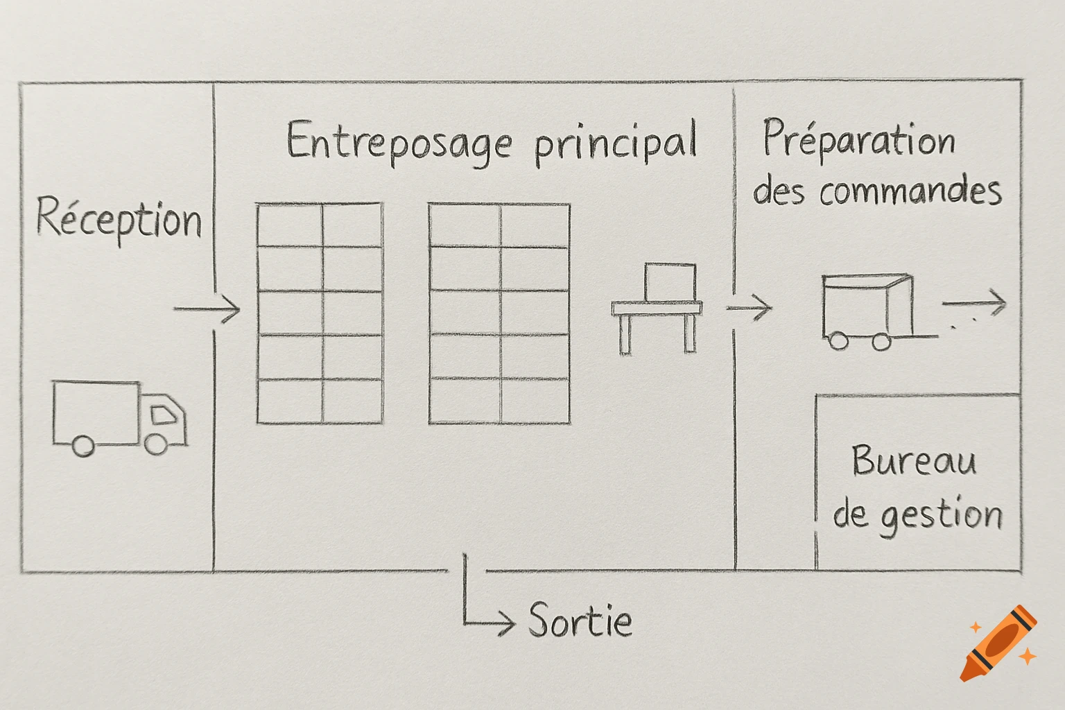Hand-drawn schematic diagram of a warehouse layout showing reception ...
