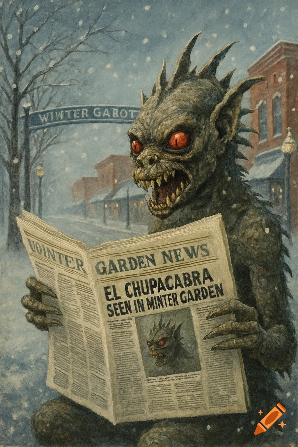 A monster reads a newspaper in a snowy town, the headline about El ...