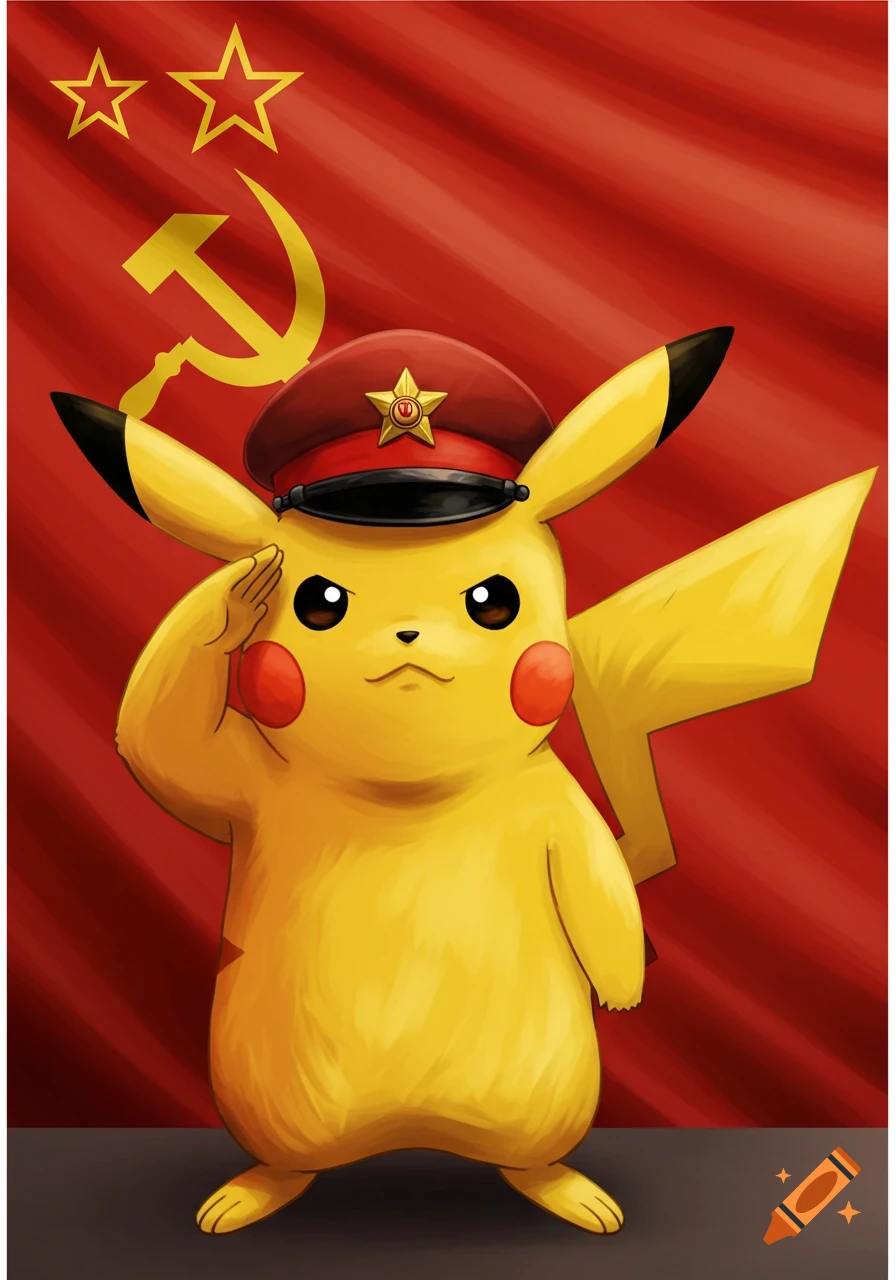 Pikachu in a Soviet cap saluting a USSR flag on Craiyon