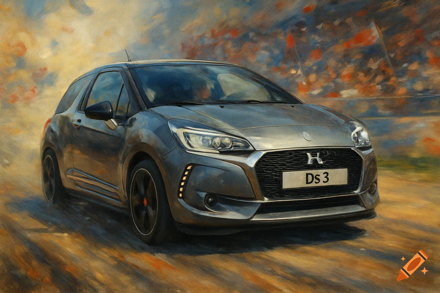 A grey Ds 3 car in a dynamic painterly style on a dirt road. on Craiyon