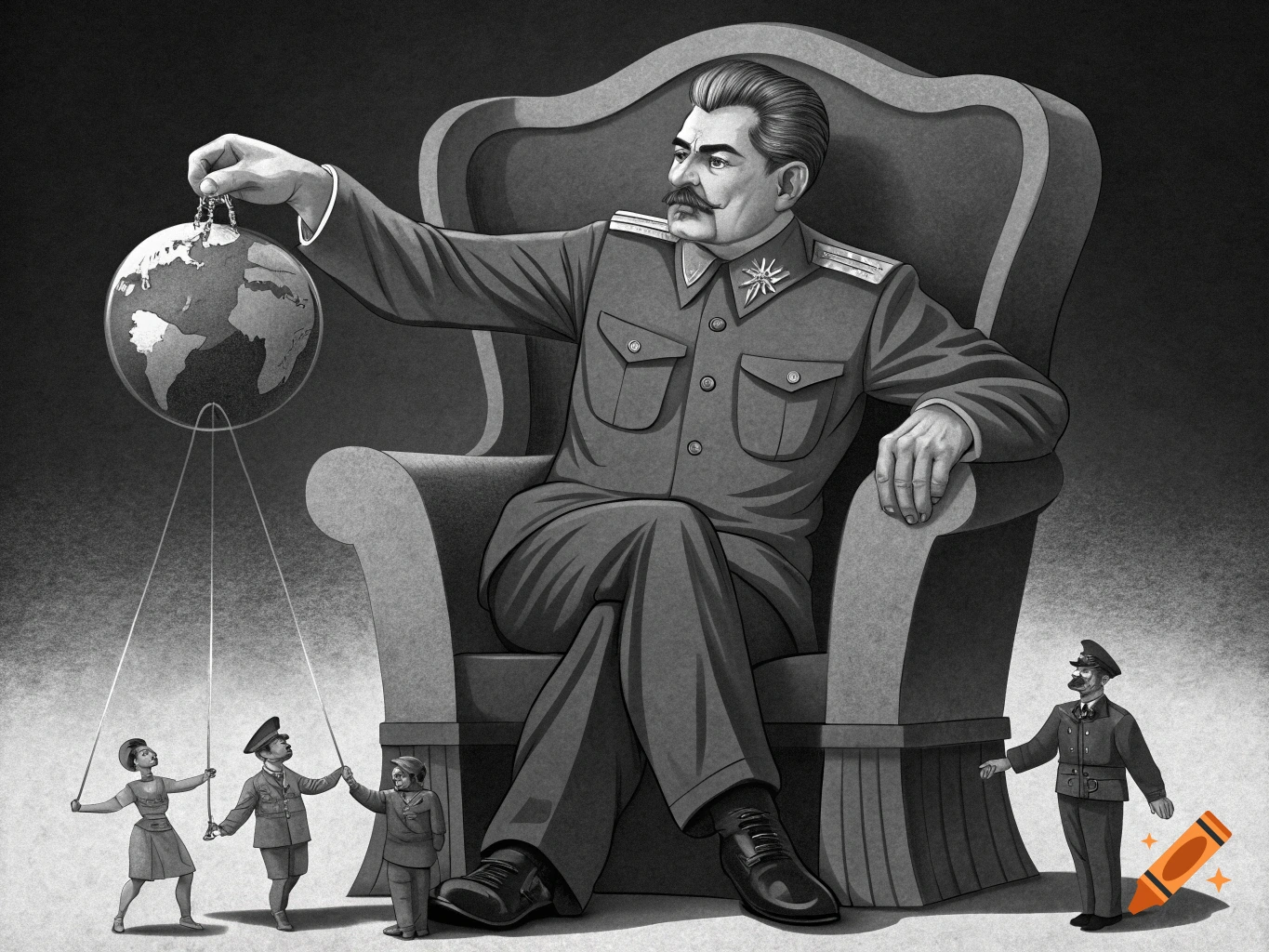 Black-and-white illustration of Joseph Stalin sitting on a chair ...