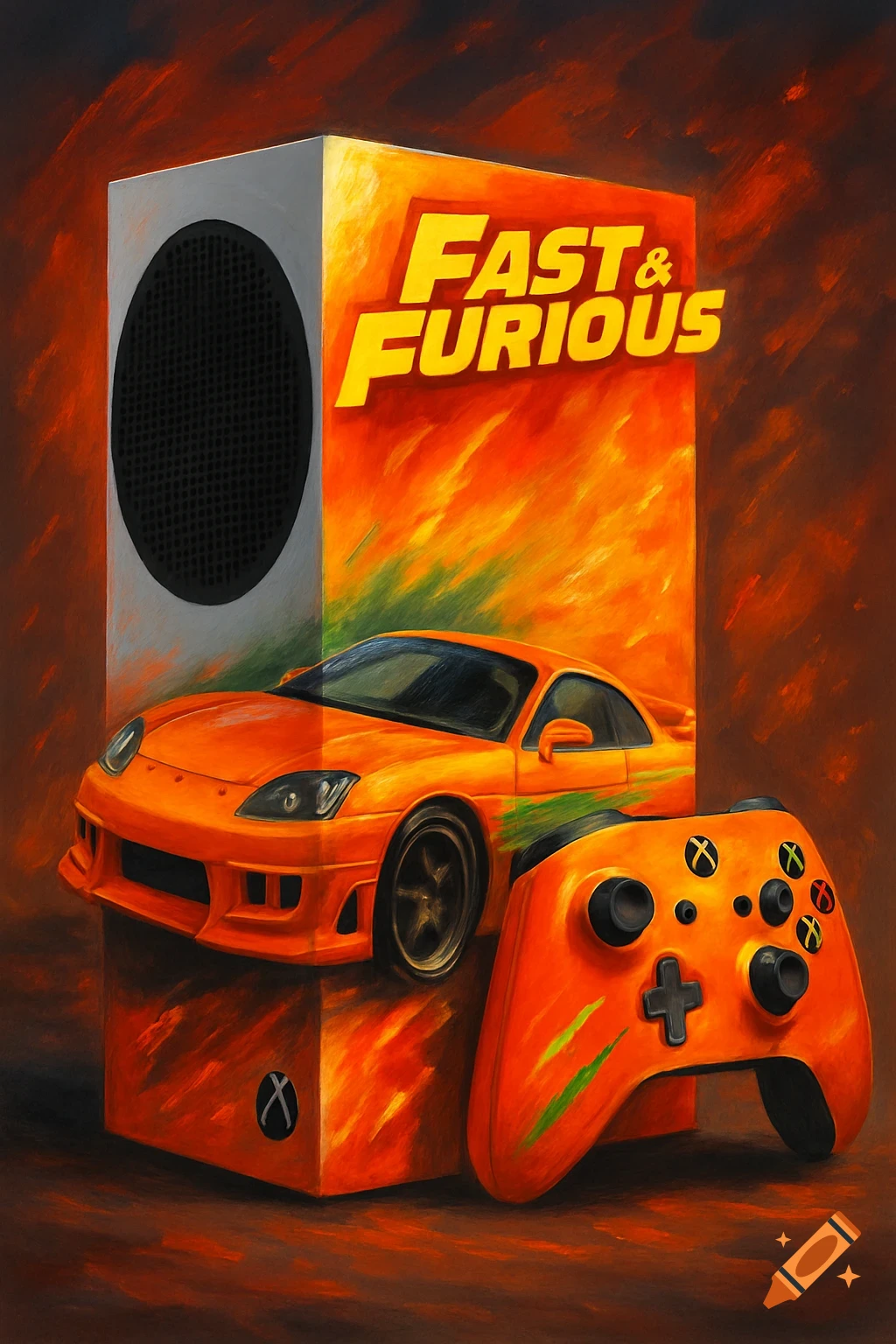 Painted image of an orange Fast & Furious themed Xbox Series S, sports ...