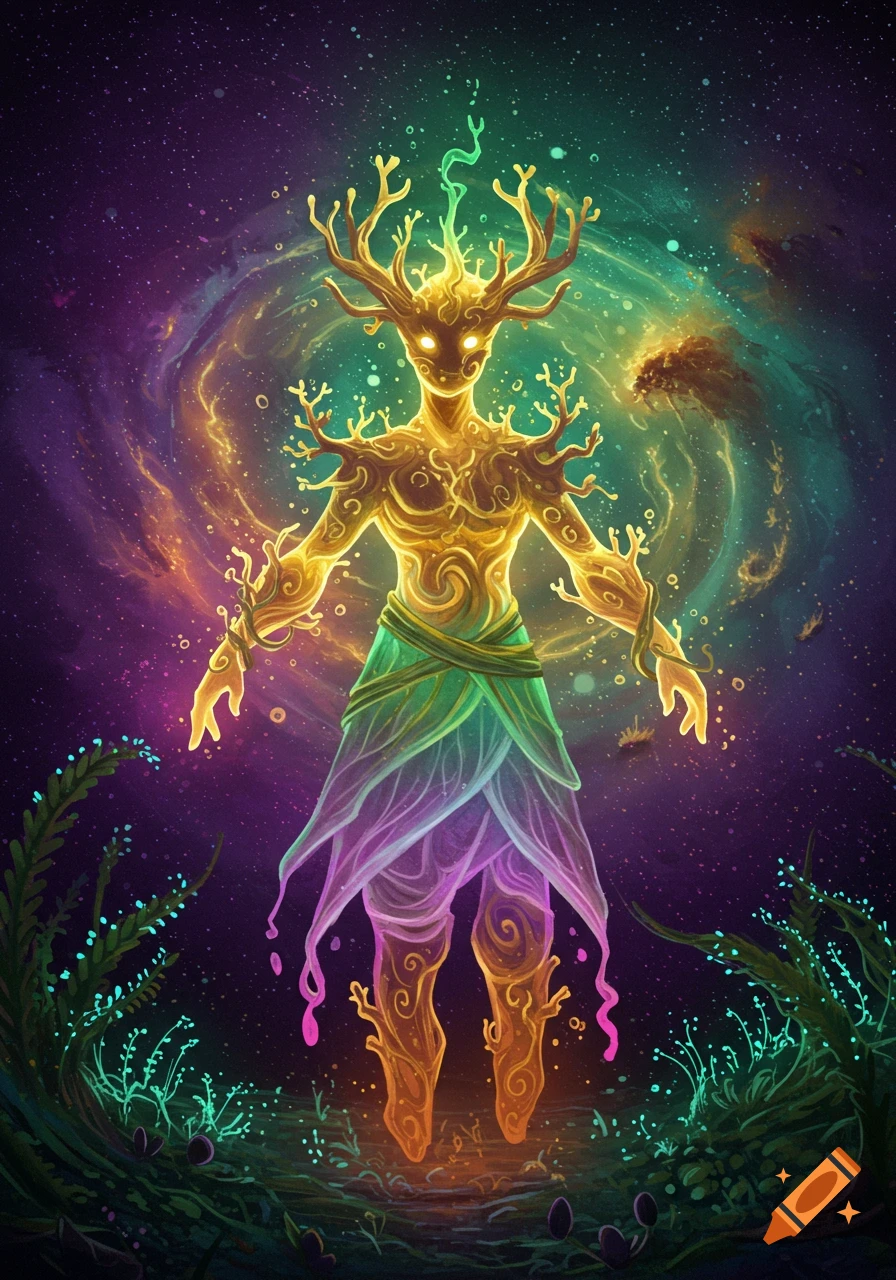A glowing humanoid figure with antlers and branches stands in a cosmic ...