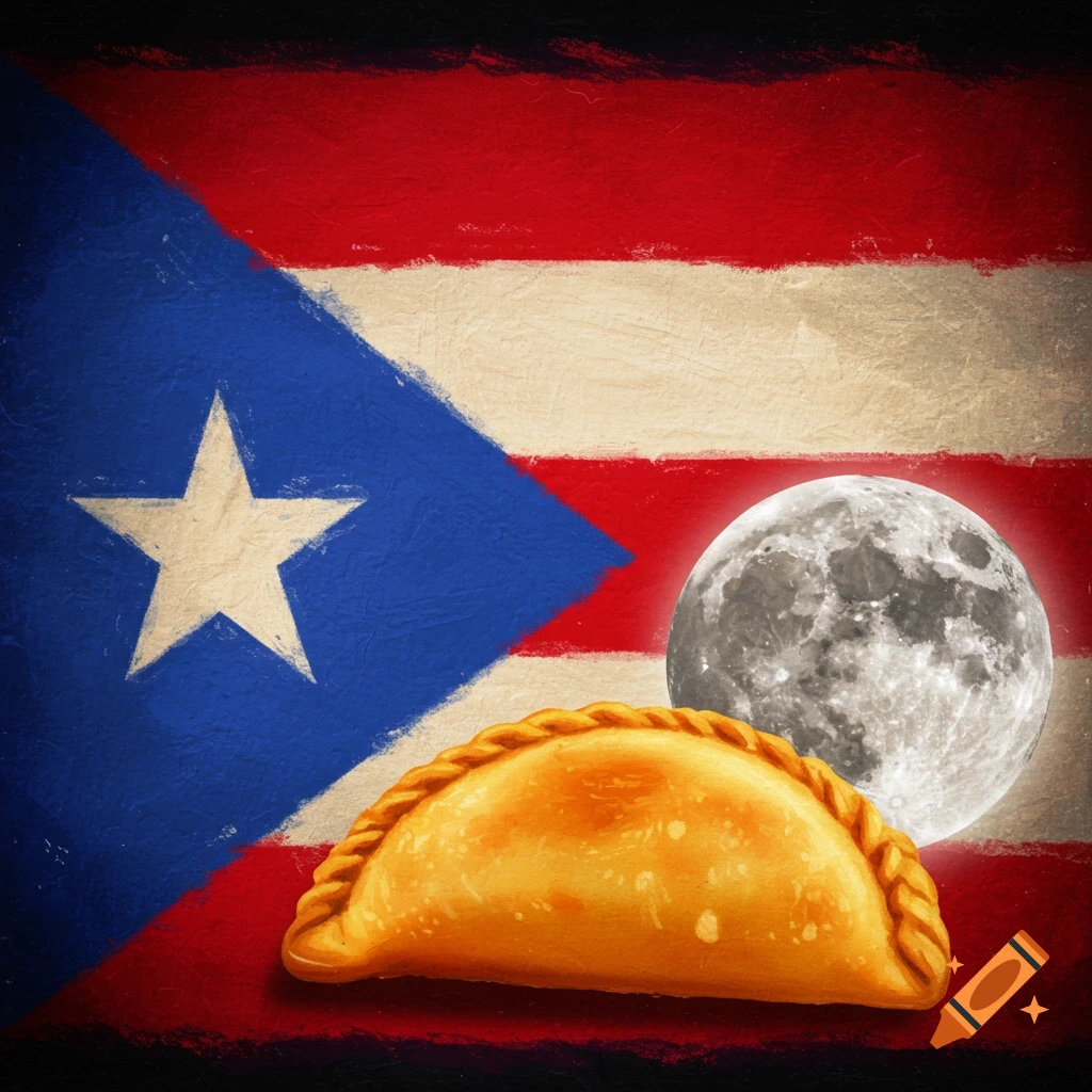 A Puerto Rican flag is behind a golden empanada and a full moon in a ...