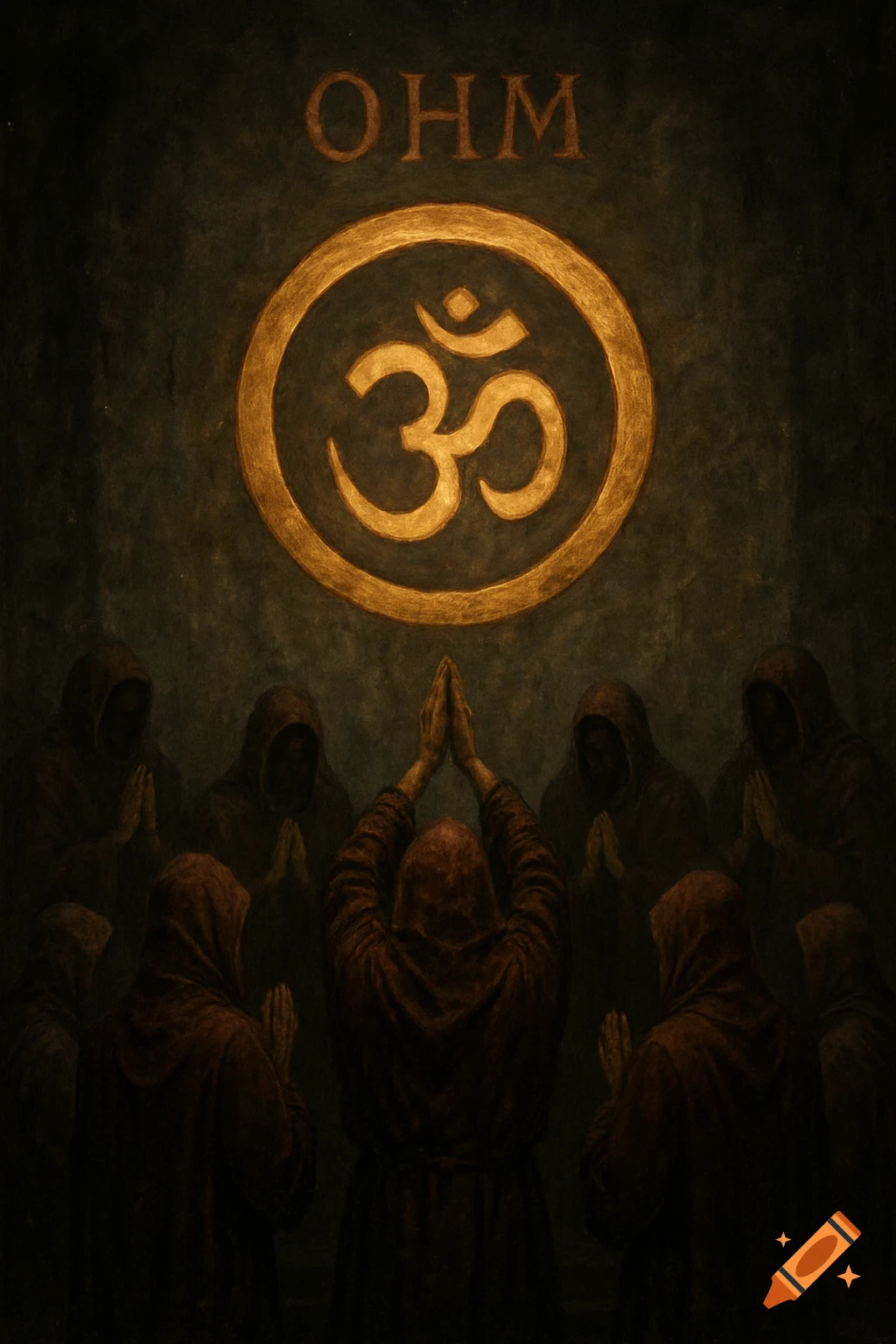 Hooded figures pray before a golden Om symbol and the text "OHM" in a dark, painterly style. on ...