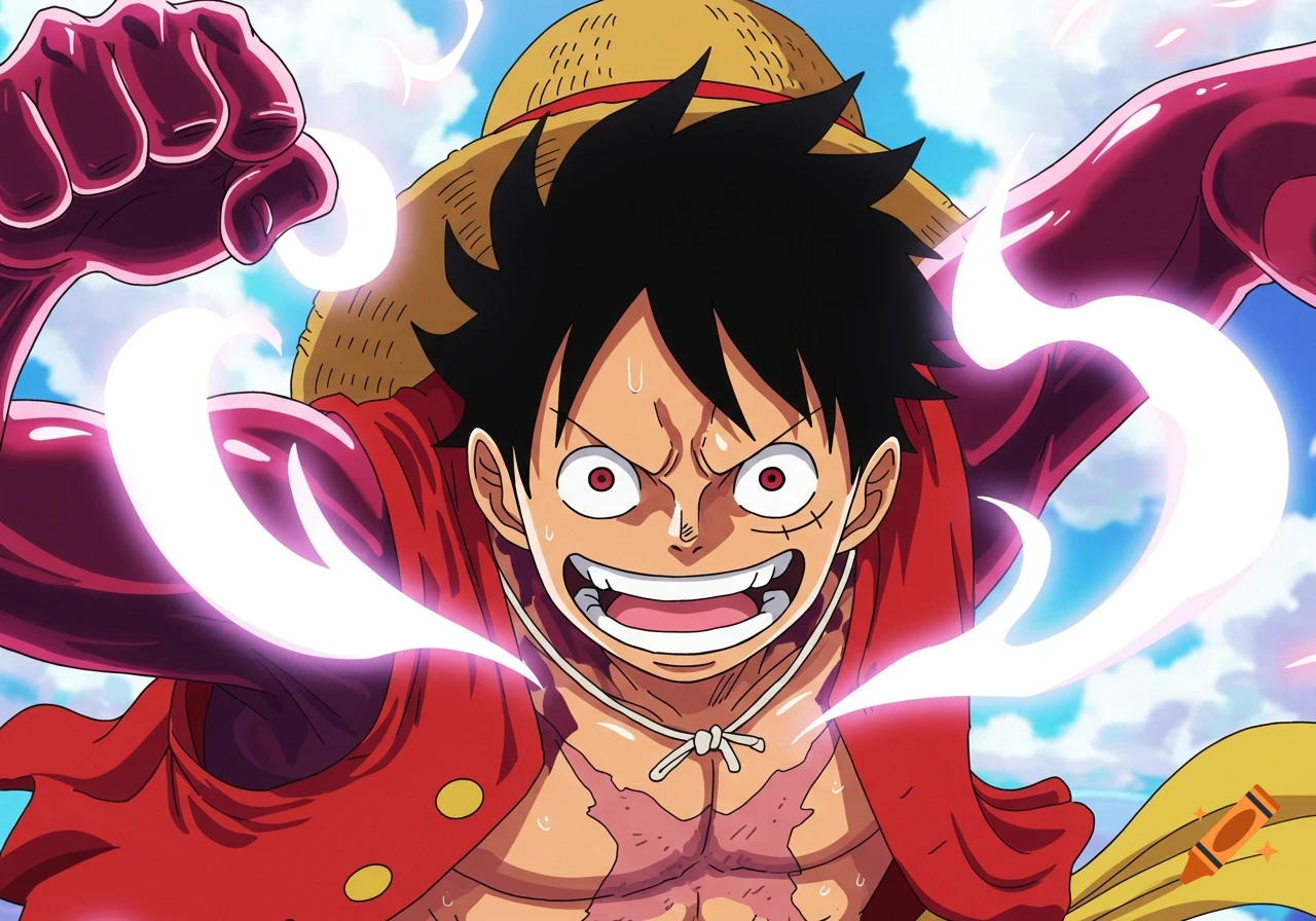 Luffy from One Piece in Gear 5 form powering up in anime style on Craiyon