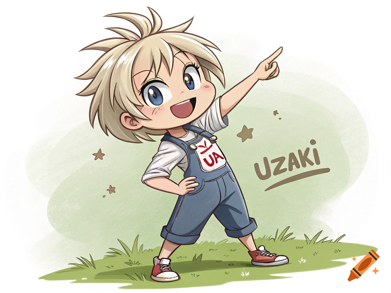 Chibi anime girl in overalls pointing up, with text Uzaki and UA. on ...