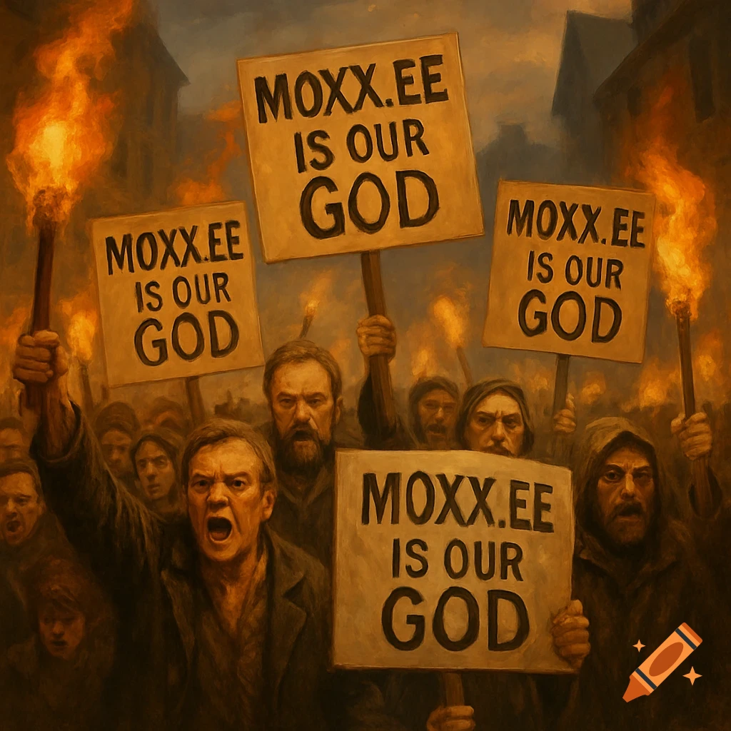 An angry mob in a city street at night holds torches and signs that ...