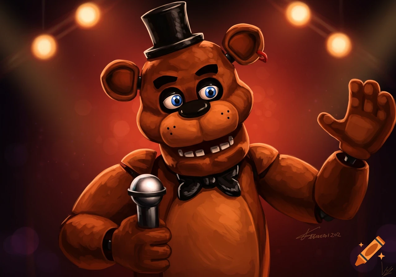 Illustration of Freddy Fazbear from Five Nights at Freddy's holding a ...