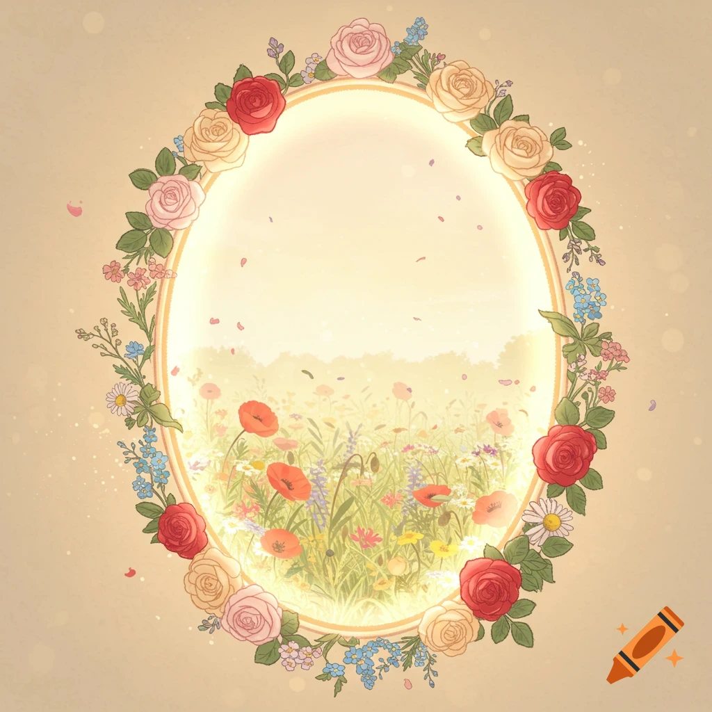 Animated oval floral frame with roses and wildflowers surrounding a ...