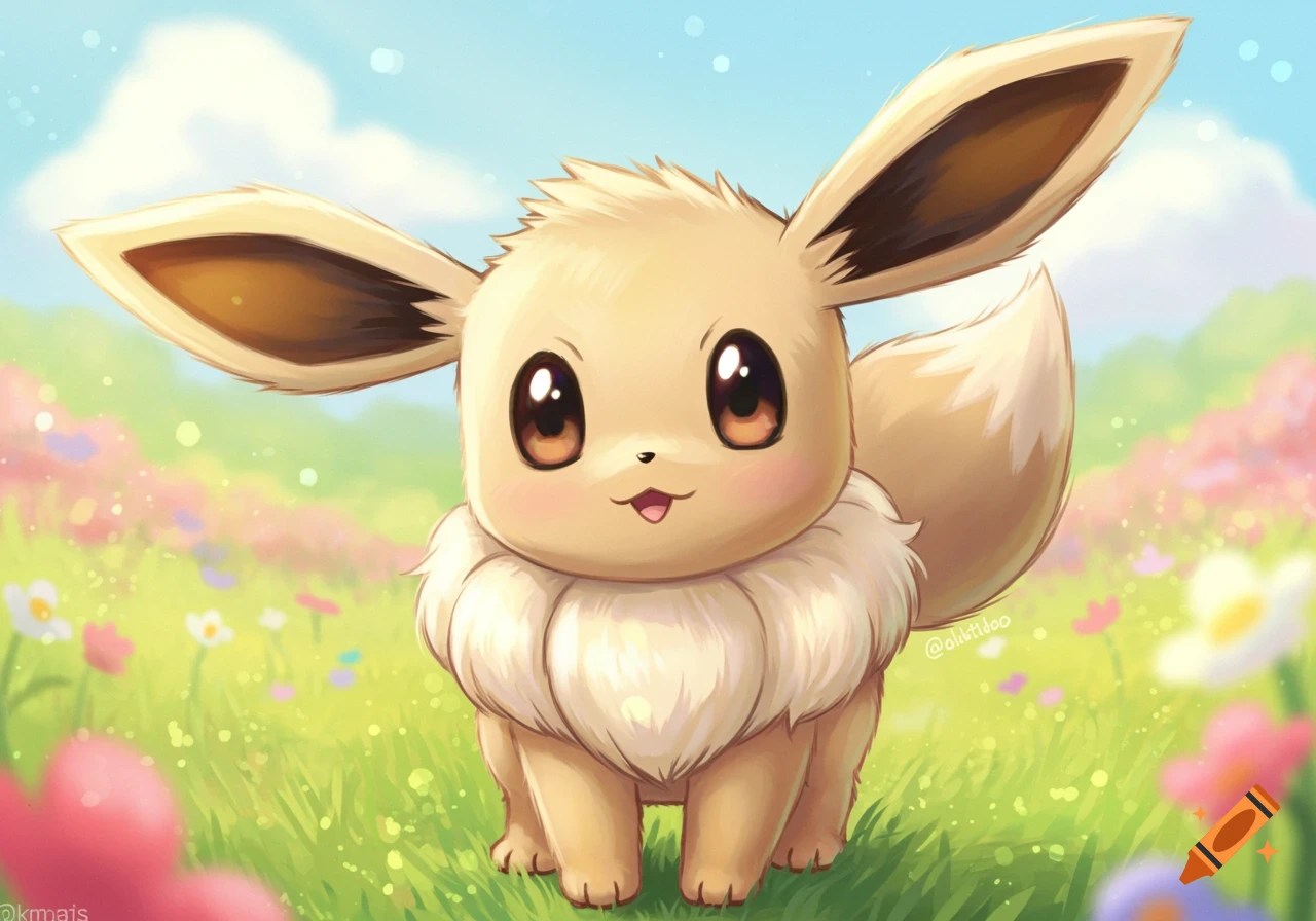 Cute cartoon Eevee stands in a sunny field of colorful flowers. on Craiyon