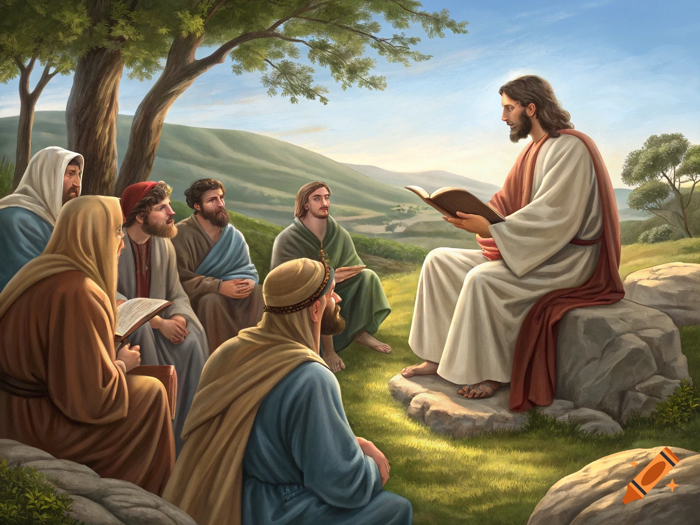 Painting of Jesus teaching a group of disciples outdoors under a tree ...