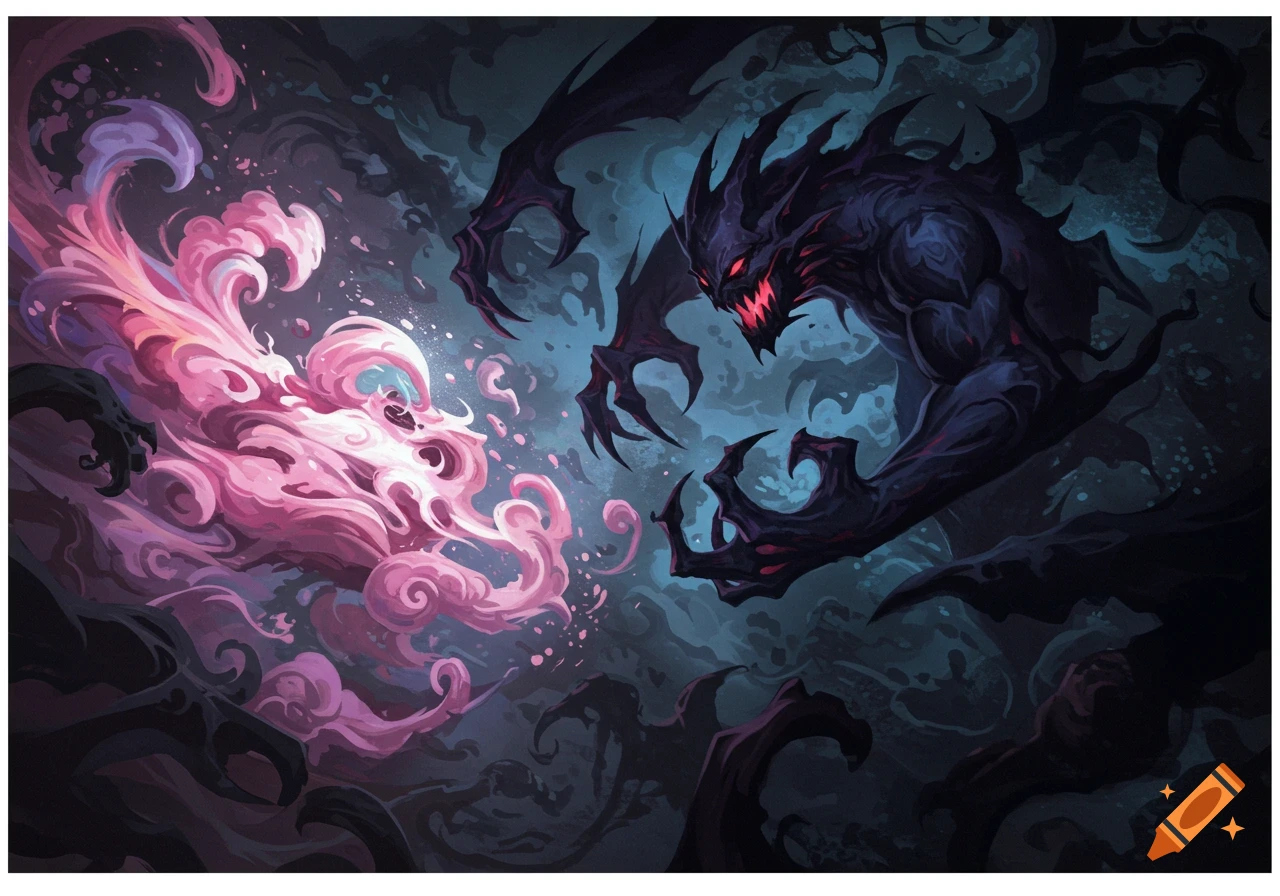 Dark monster fights pink entity in a stylized fantasy battle. on Craiyon