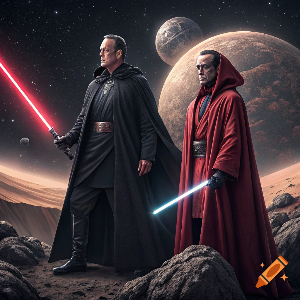 Two figures resembling Tom Hanks and Diddy in Star Wars robes holding ...