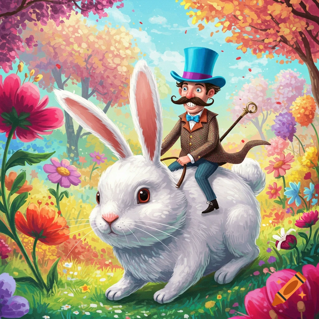 A whimsical man in a top hat rides a giant white rabbit through a ...