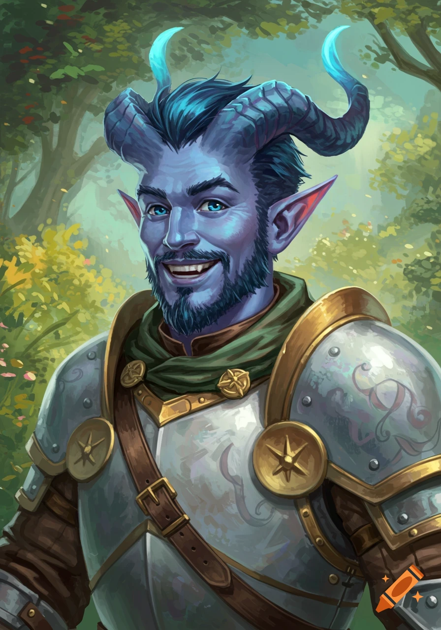 A smiling blue tiefling fighter with horns and beard in armor stands in ...