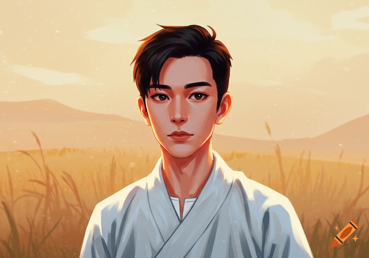 Stylized portrait of a young man with dark hair wearing white, standing ...