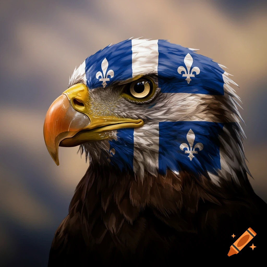 Detailed close-up portrait of an eagle with the Quebec flag pattern ...