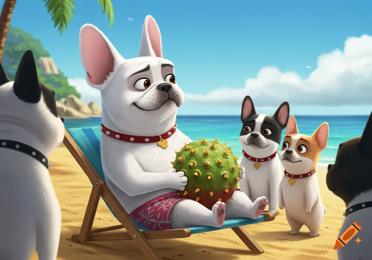 Cartoon dogs on a beach, one relaxing in a lounge chair holding a ball ...