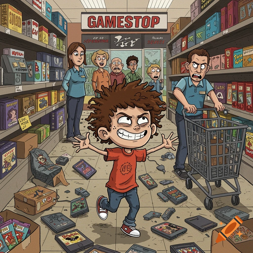 Cartoon of a child making a mess in a GameStop store while adults watch ...