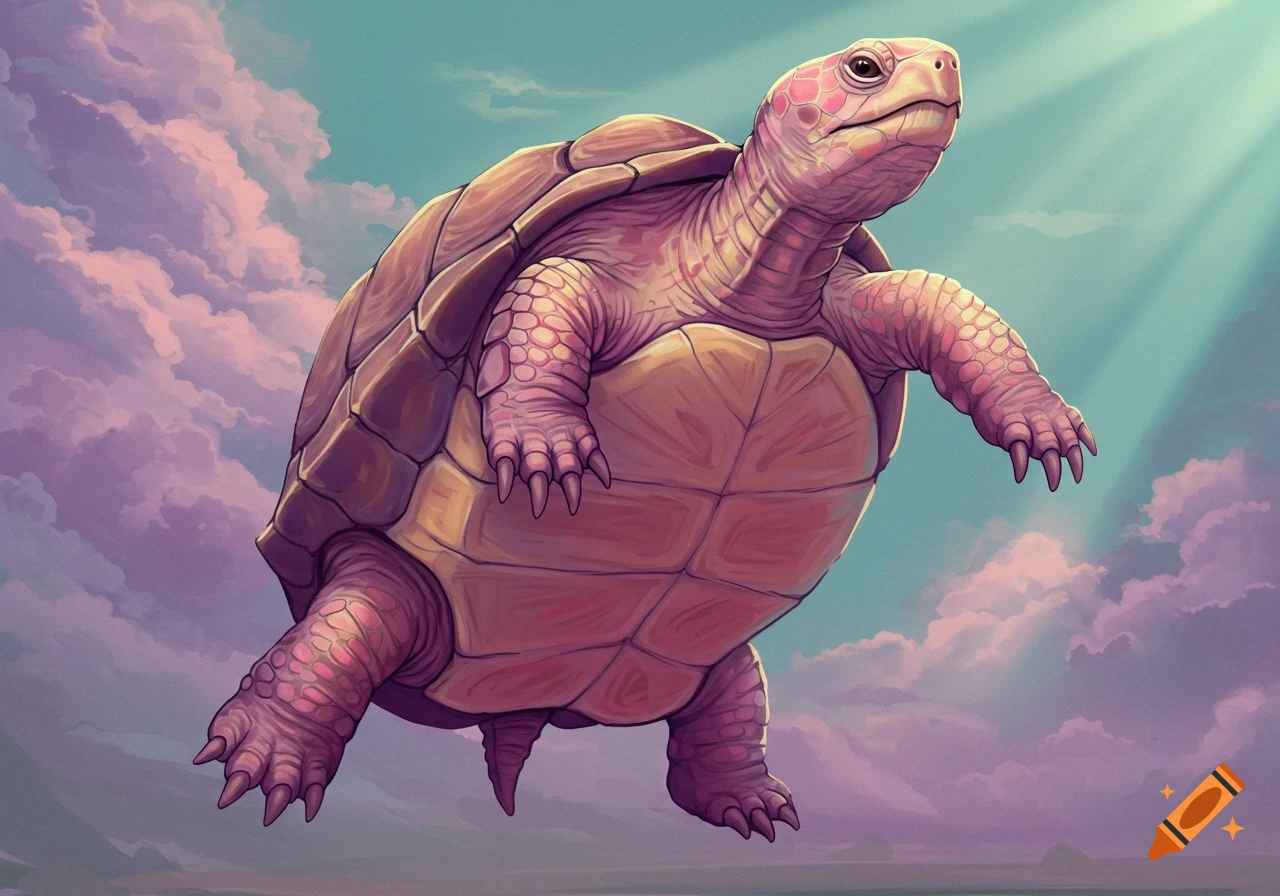 Illustrative flying turtle soaring through pink and purple clouds on Craiyon