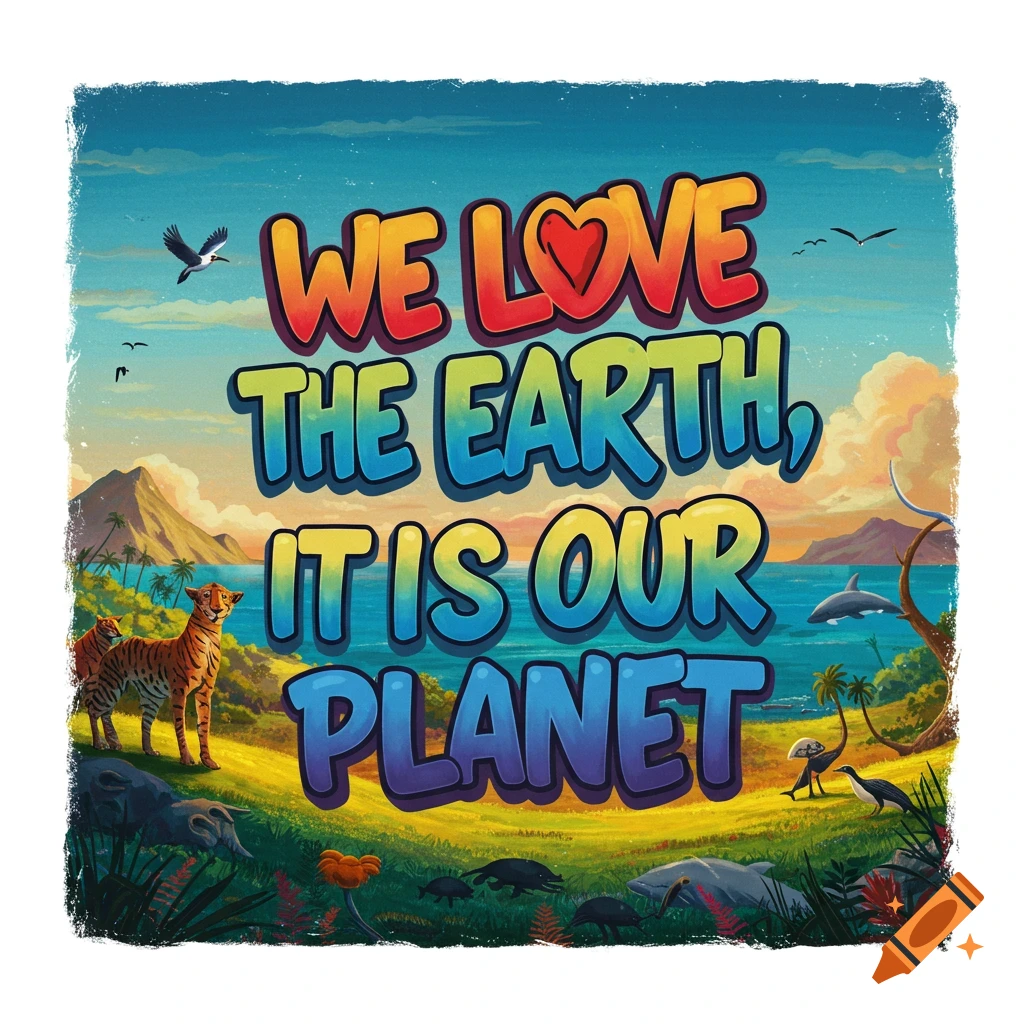 Colorful illustration promoting love for Earth with text and animals ...