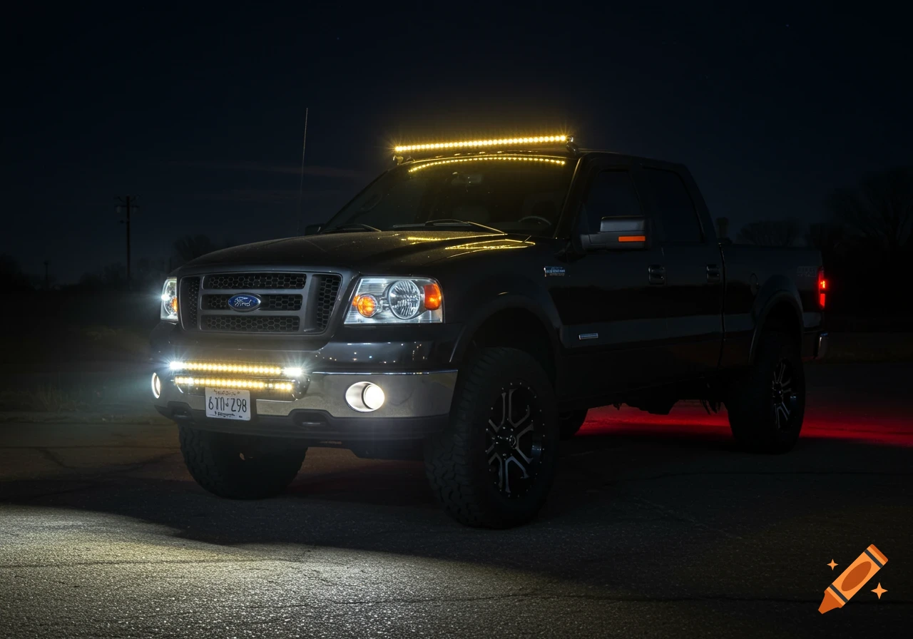 Black pickup truck with bright LED light bars and spotlights ...