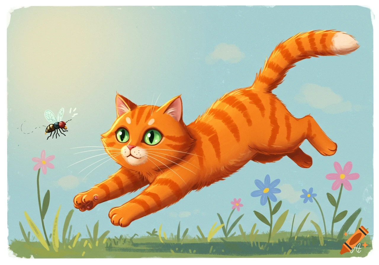 Illustration of an orange tabby cat jumping after a fly in a grassy ...