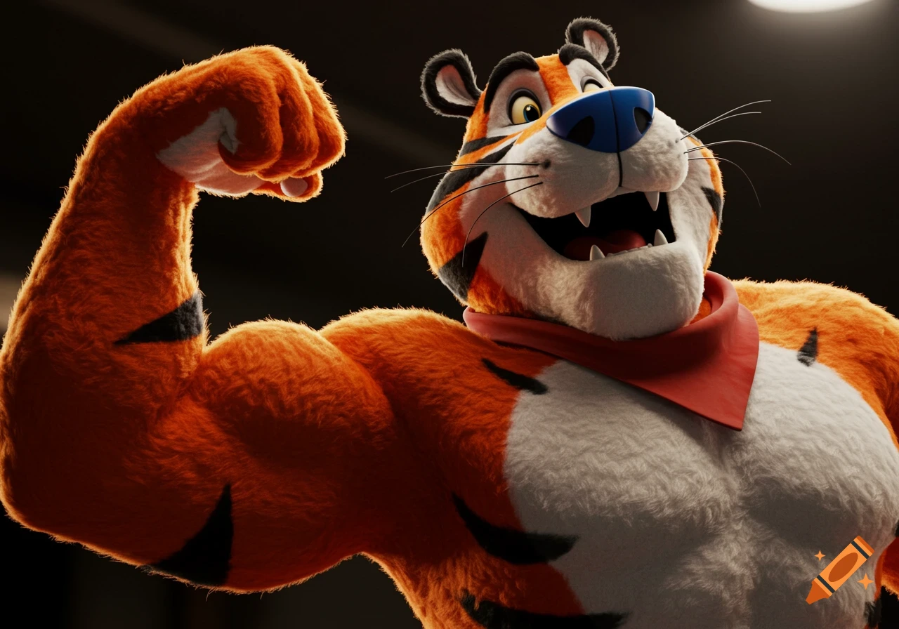 Close-up of Tony the Tiger flexing his bicep on Craiyon
