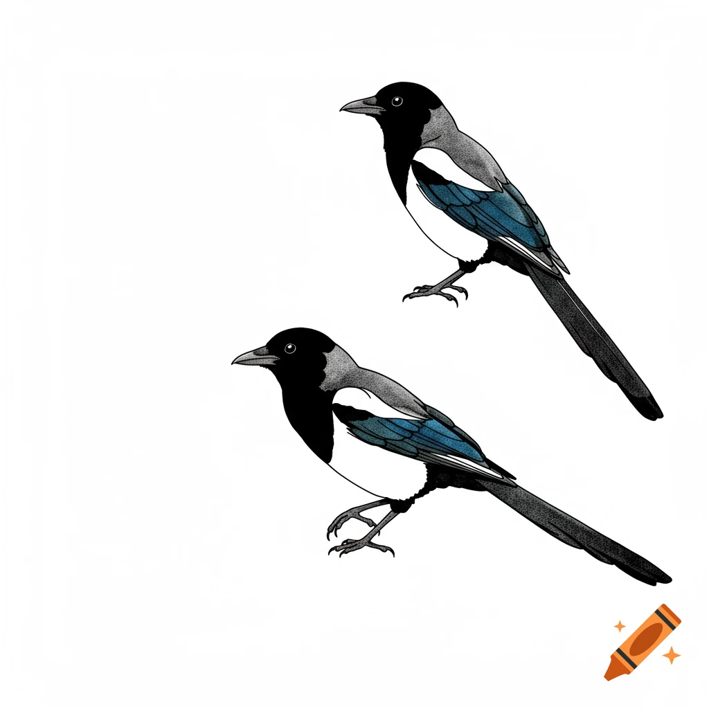 Minimalist illustration of two magpies, one above the other. on Craiyon