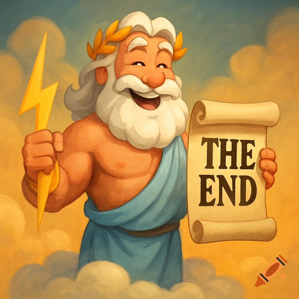 Cartoon Zeus holding a lightning bolt and a scroll that reads THE END ...