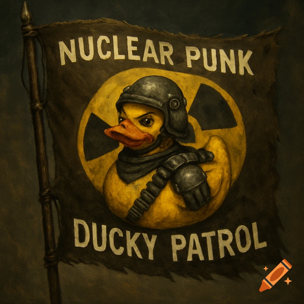 A rubber duck wearing military gear is on a flag with 'NUCLEAR PUNK ...