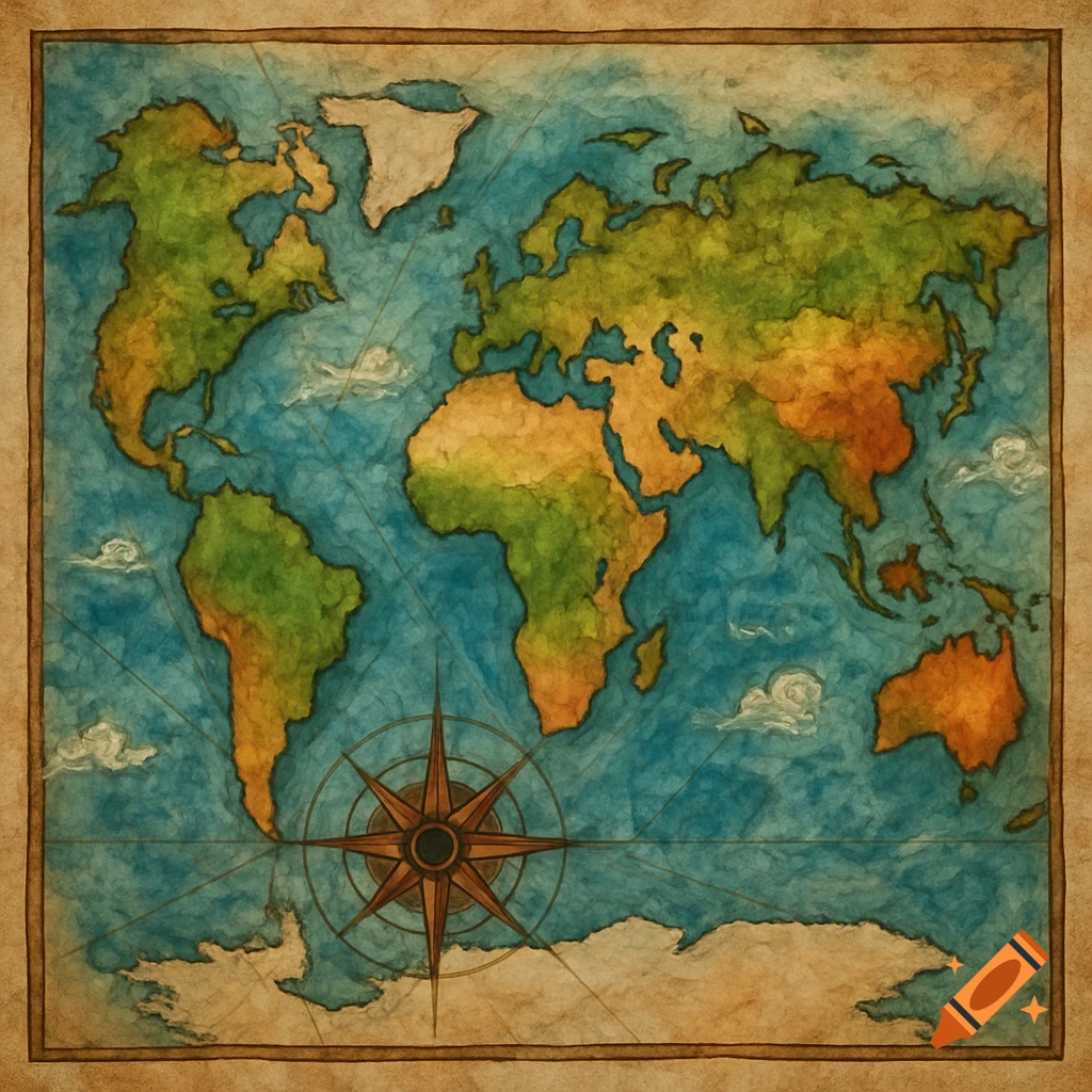 A vintage watercolor-style world map on parchment, showing continents ...