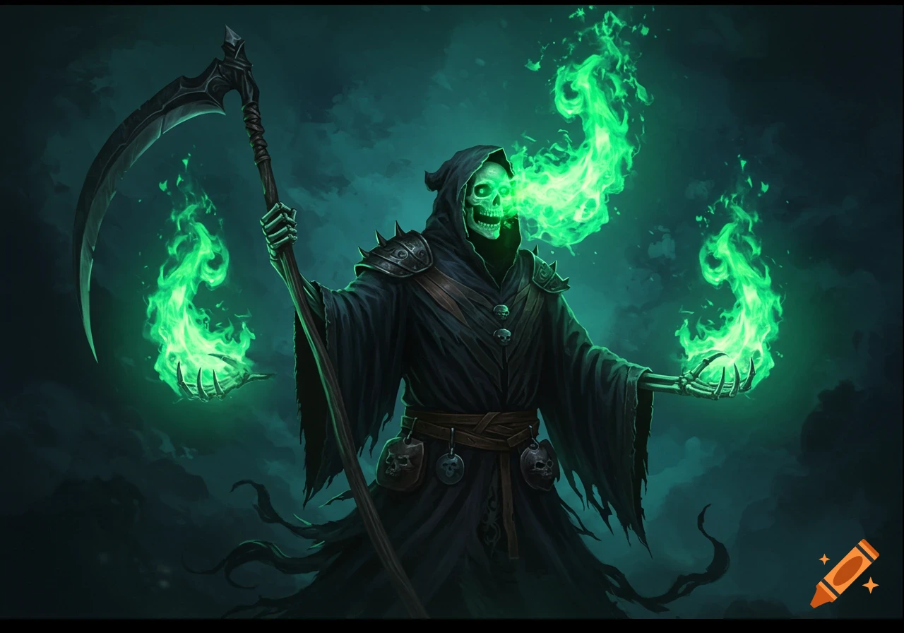 A dark fantasy illustration of a grim reaper with glowing green fire ...