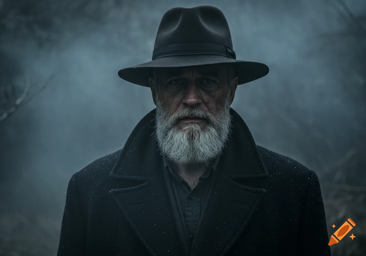 A weathered man with a grey beard and fedora in a dark coat stands in ...