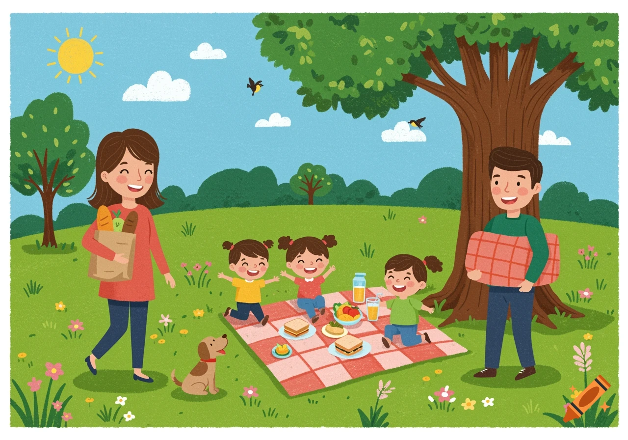 A cheerful cartoon illustration of a family picnic in a sunny park. on ...