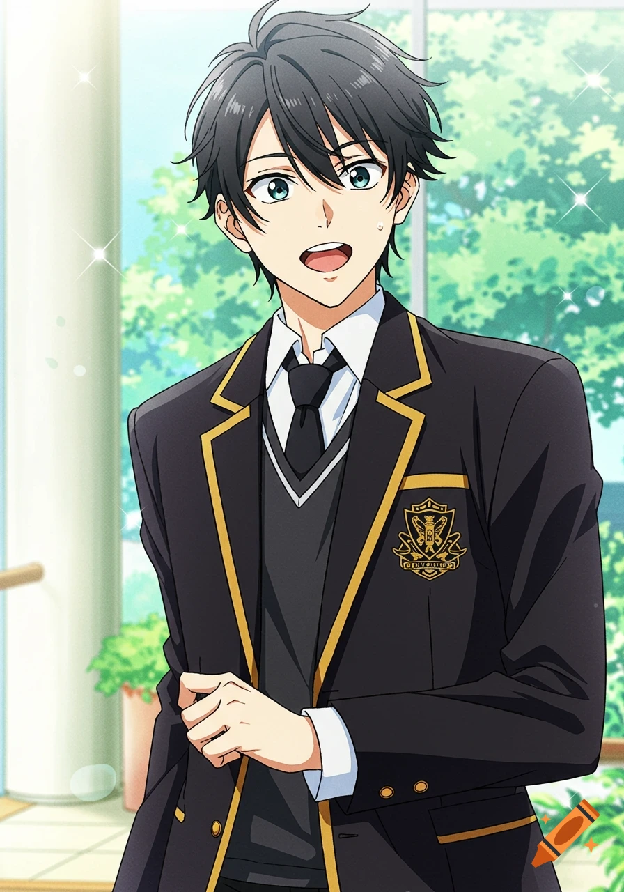 An anime-style male character in a black school uniform with gold trim ...