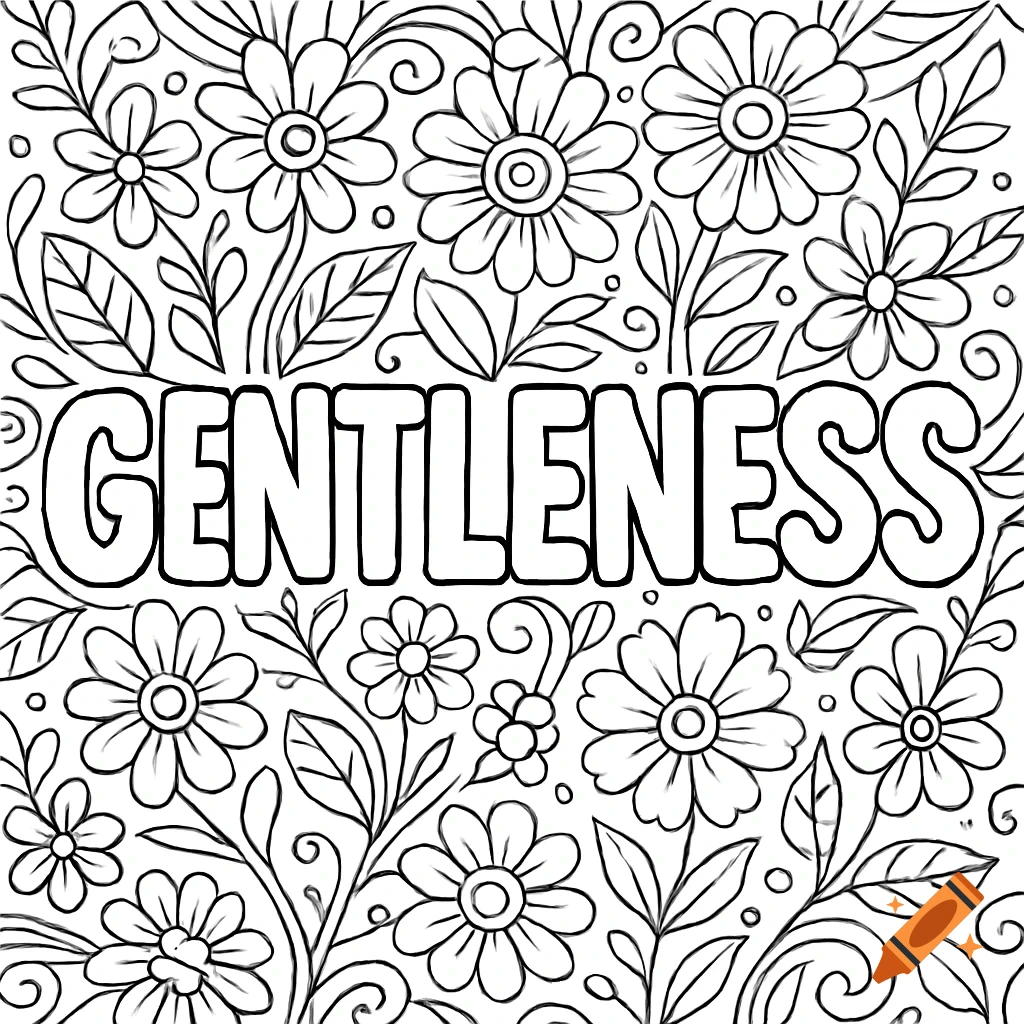 Black and white coloring page with flowers and the word GENTLENESS in ...