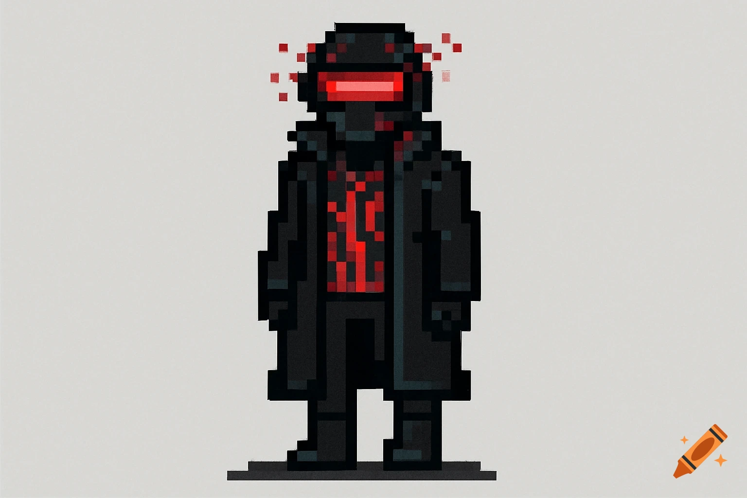 Pixel art of a figure in a dark trench coat with a red visor and red ...