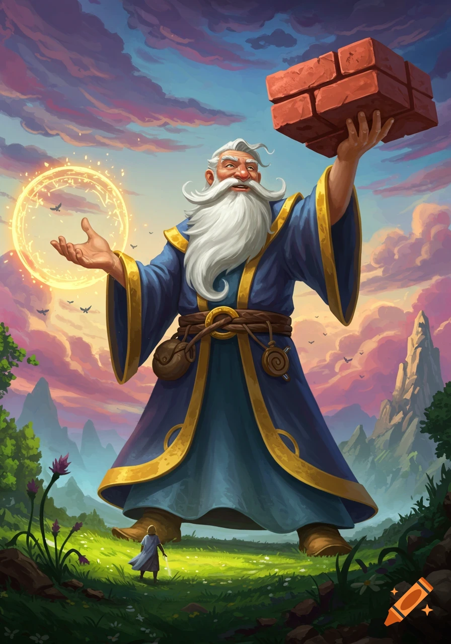 A giant wizard holds a red brick while casting a spell, with a small ...