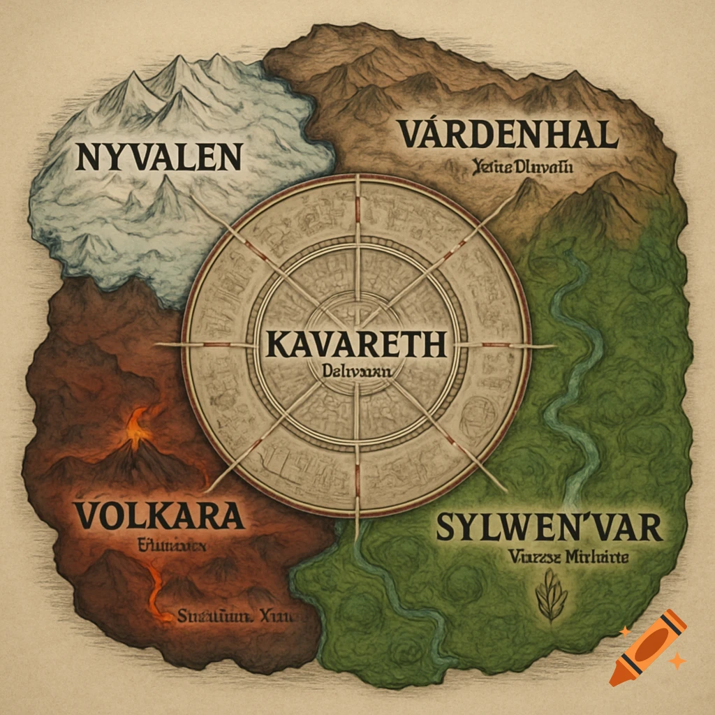 A fantasy map showing four different regions around a central area ...