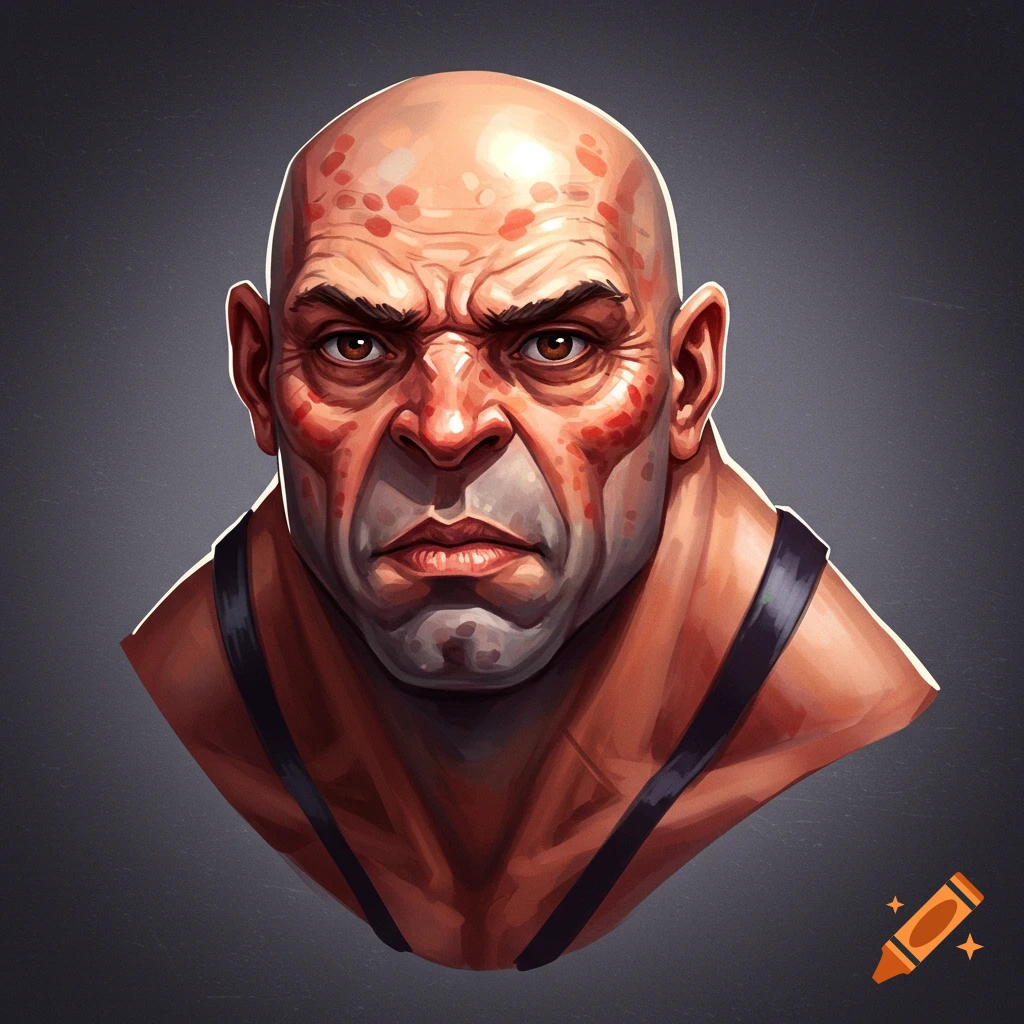Stylized portrait of a bald, muscular man with an angry expression. on ...