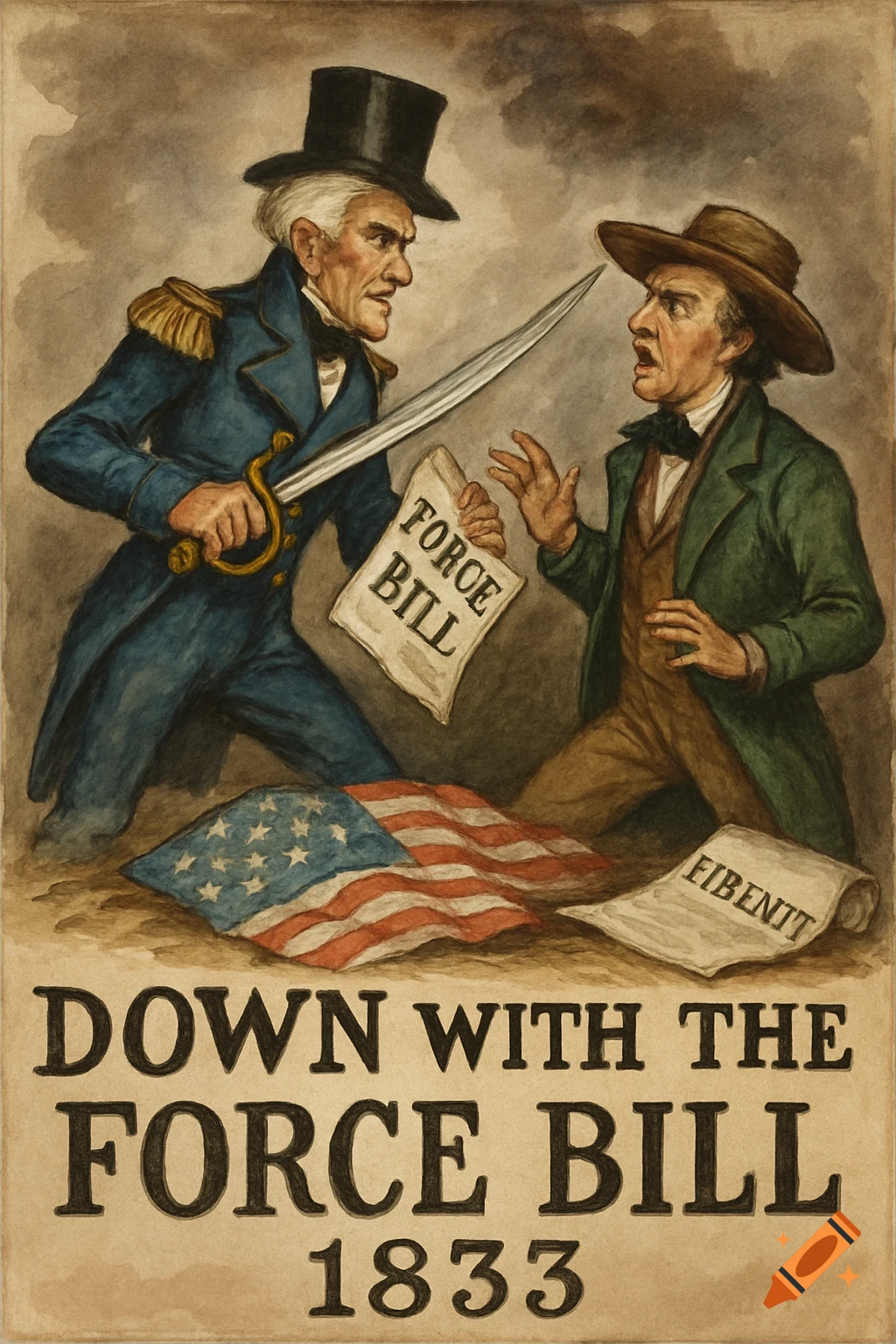 Political cartoon showing two men arguing over the Force Bill of 1833 ...
