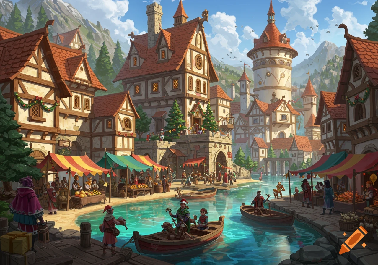 A vibrant fantasy lake town during a holiday market with boats on the ...