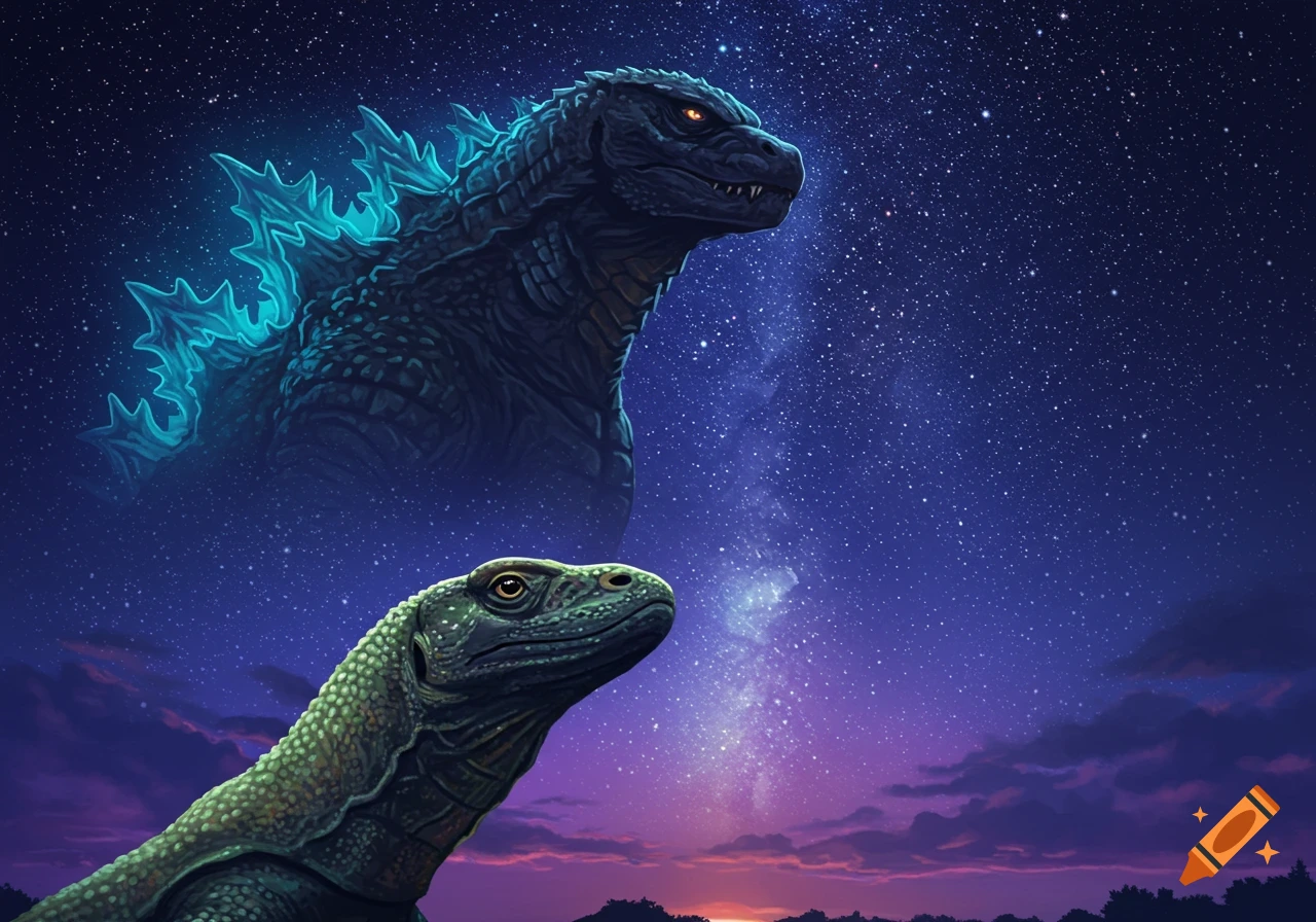 Godzilla looking down at a Komodo dragon under a starry sky. on Craiyon