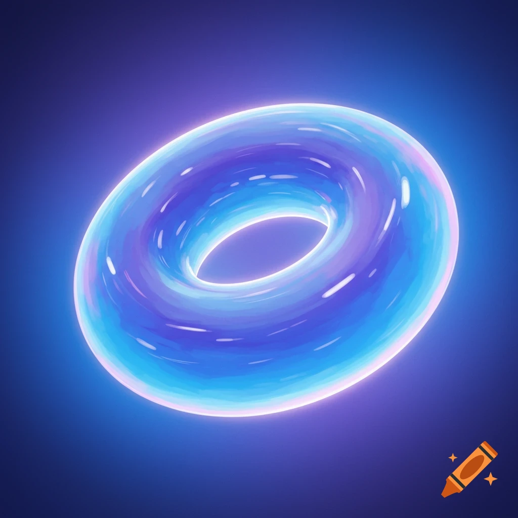 A glowing blue and purple transparent torus shape against a dark ...