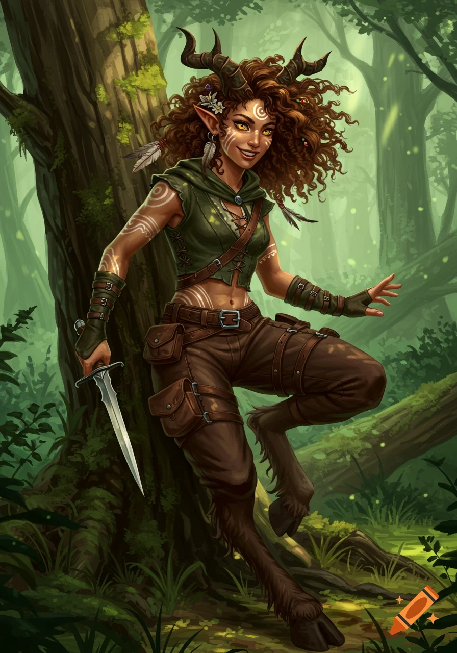 A female satyr rogue in green and brown gear stands in a forest ...