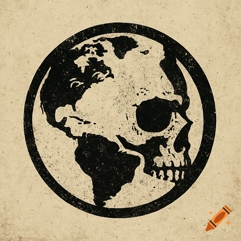 A circular logo featuring a skull merged with a map of the Earth, in a ...