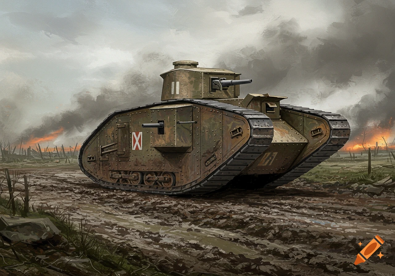 Illustration of a WWI Mark IV tank on a muddy battlefield on Craiyon