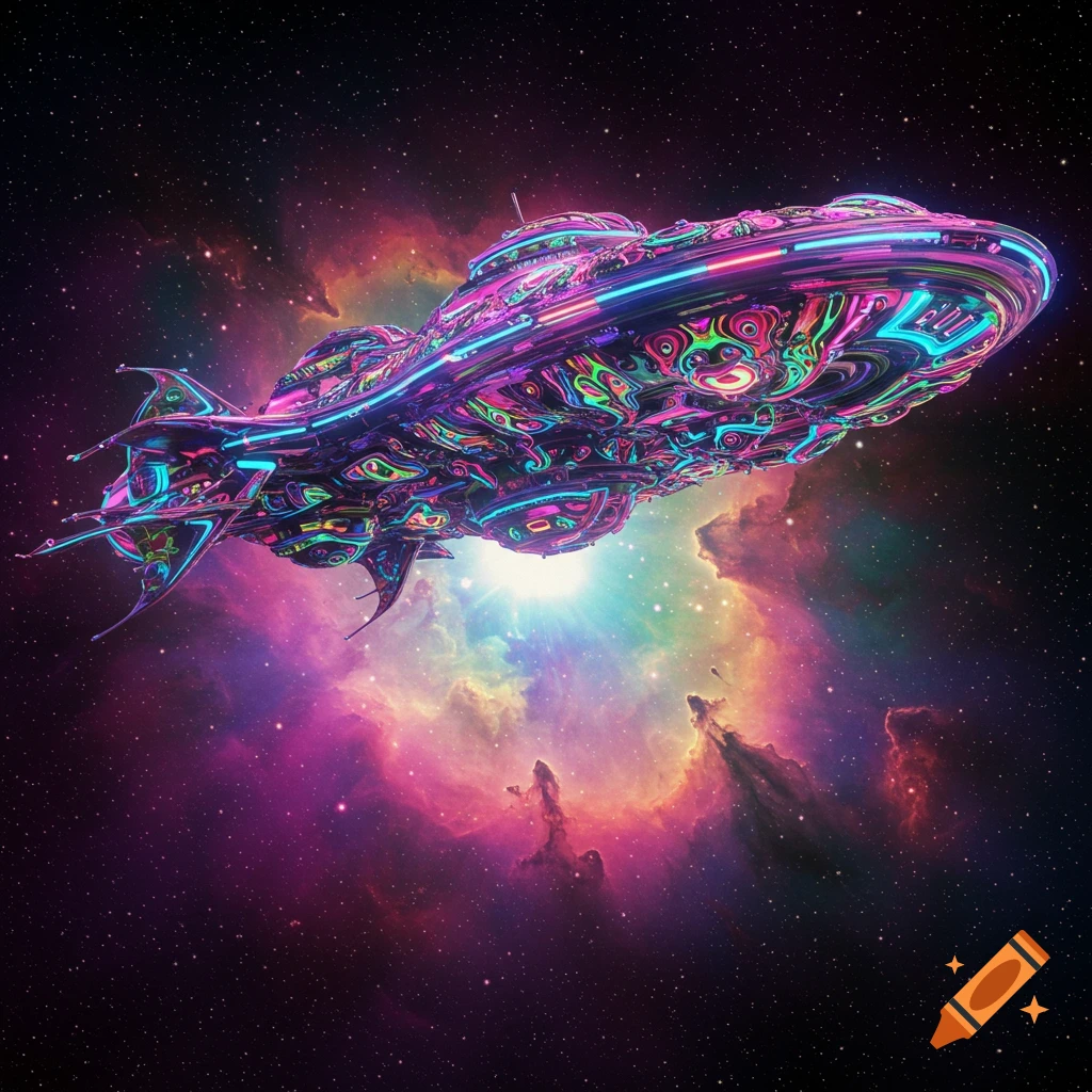 A vibrant, psychedelic spaceship flying through a colorful space nebula. on Craiyon